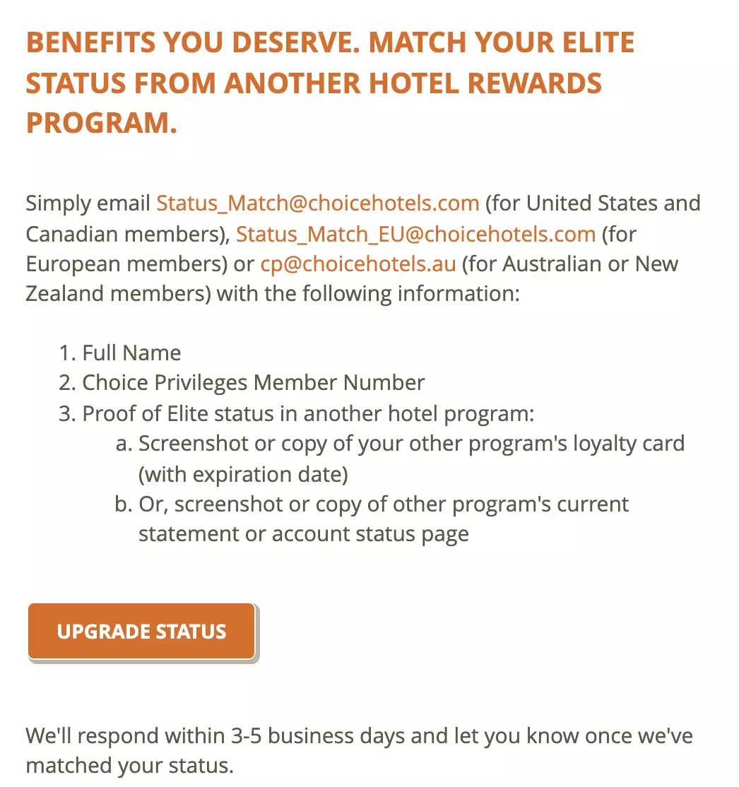 Choice Hotels status match instruktioner