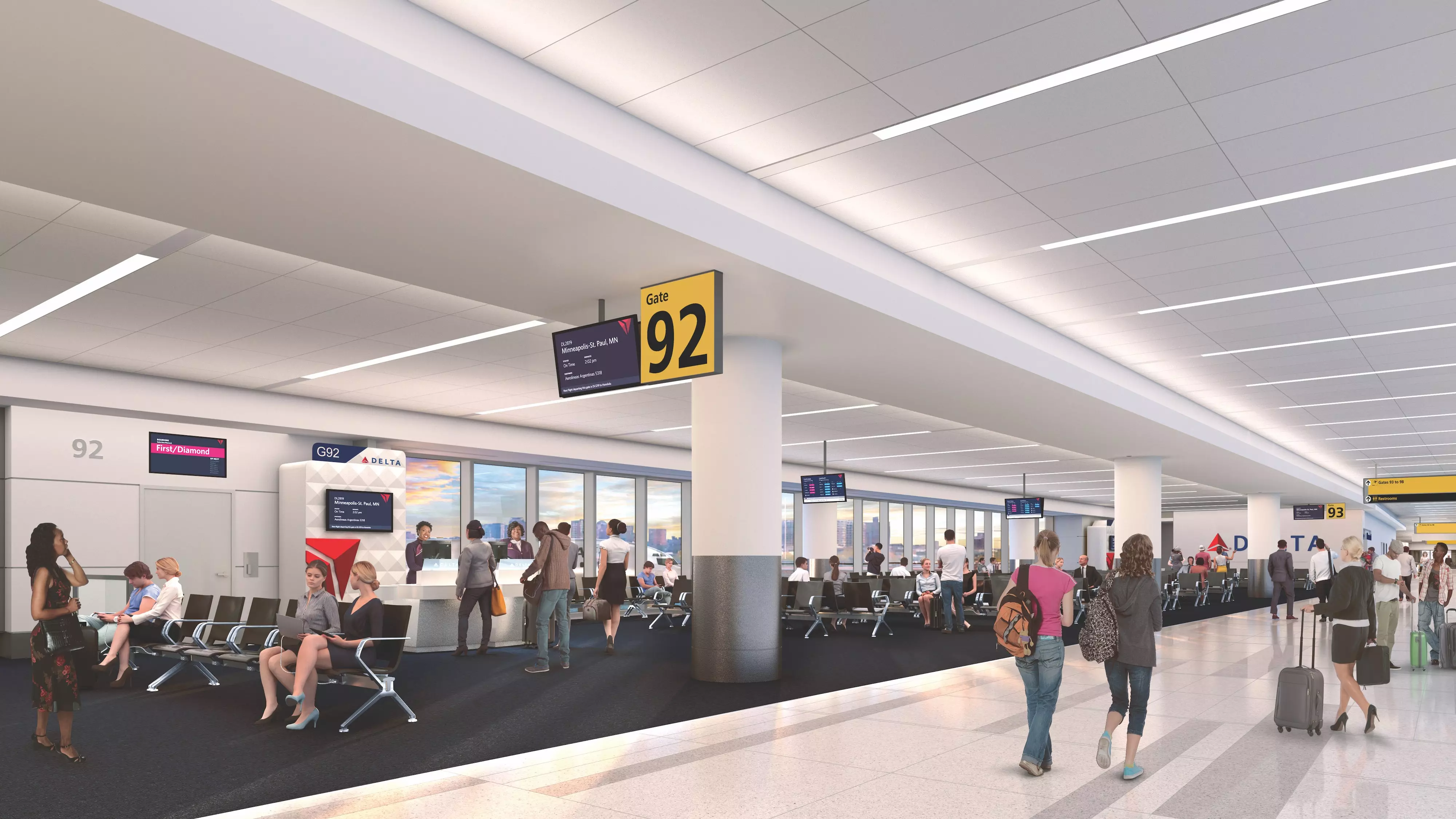 Rendering av det nya portområdet i hallen G i New York LaGuardia. Med tillstånd från Delta Air Lines.