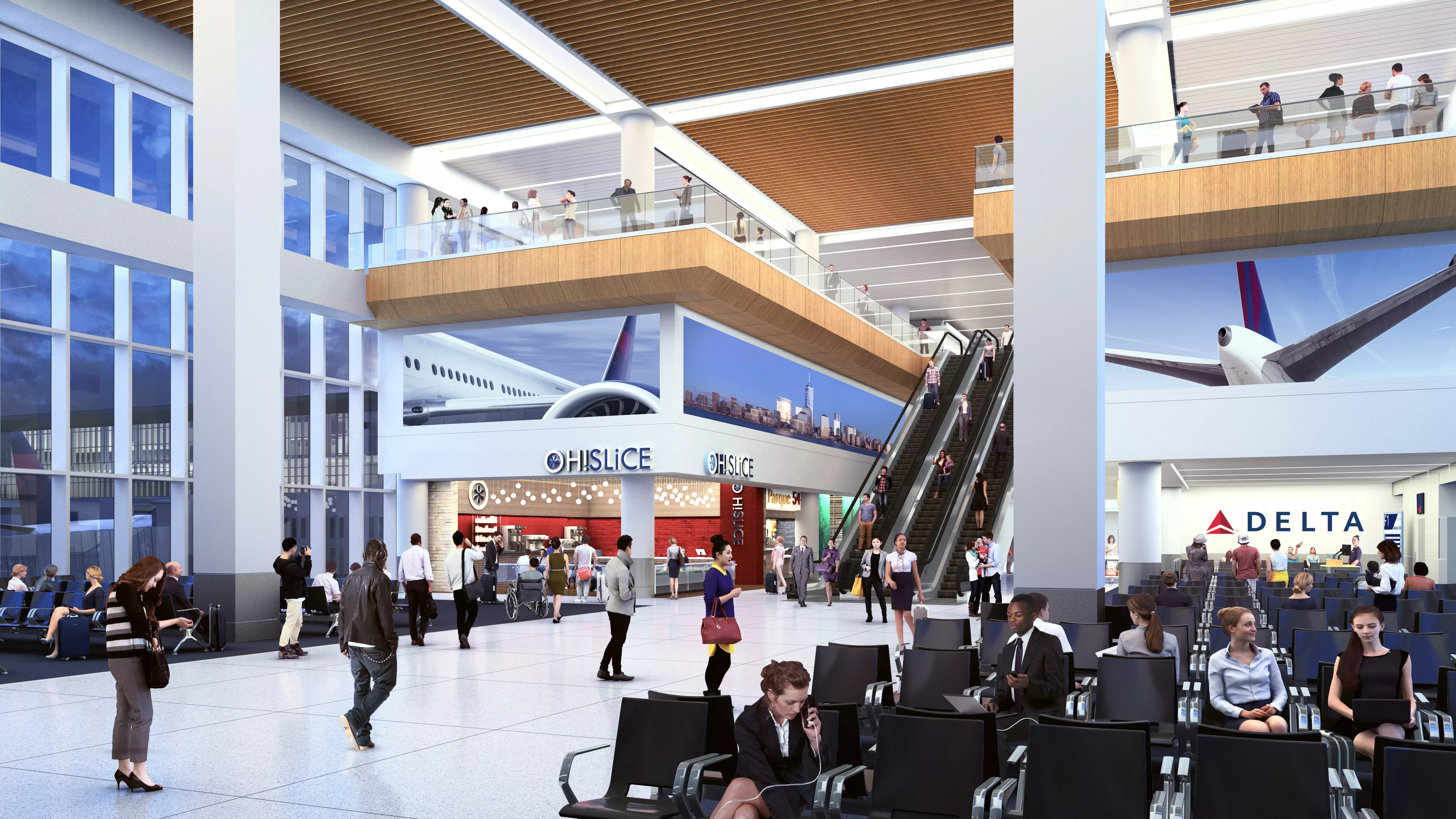 Render interior concourse G baru di New York LaGuardia. Atas izin Delta Air Lines.