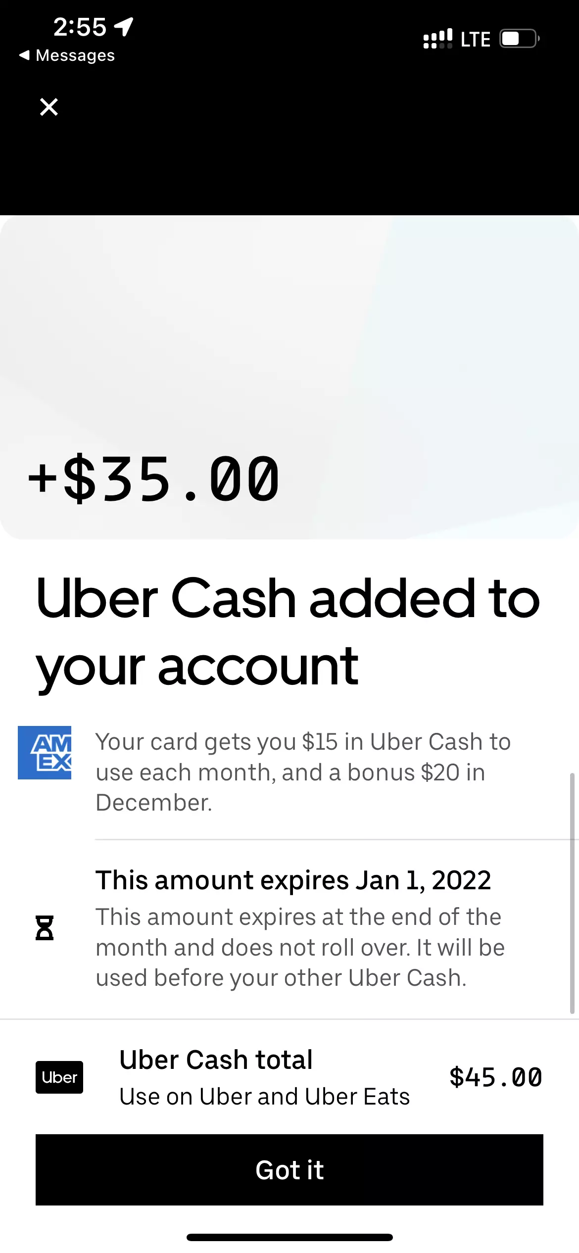 Қосымша Amex Uber несиесі. (Uber ұсынған скриншот)