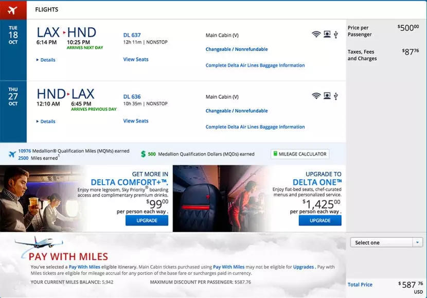 Los Angeles (LAX) mankany Tokyo (HND) amin'ny fitsangatsanganana $588 amin'ny Delta.