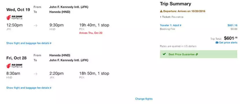 New York (JFK) mankany Tokyo (HND) amin'ny $601 mandroso sy miverina amin'ny Air China.