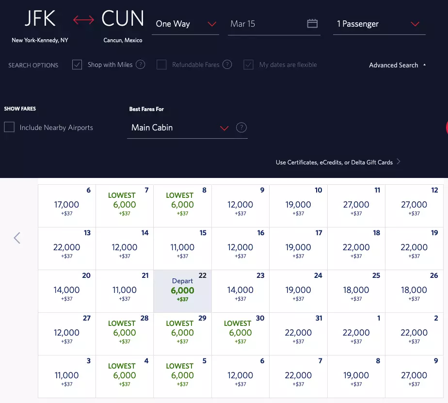 JFK മുതൽ CUN വരെയുള്ള ഡെൽറ്റ അവാർഡ് കലണ്ടർ