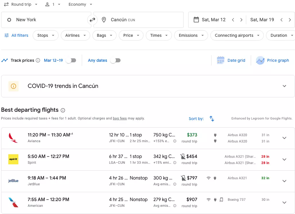 Google Flights iskanje za New York v Cancun