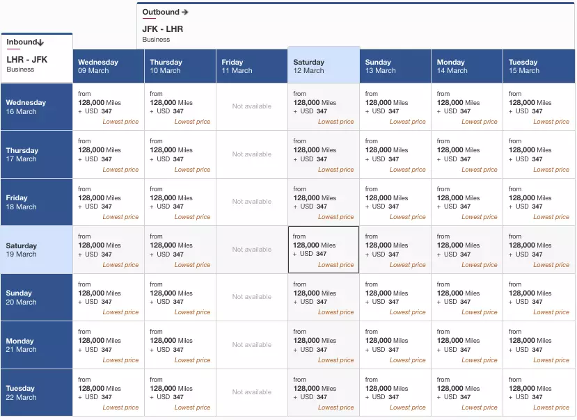 Koledar oddelka Emirates za lete iz JFK v LHR.