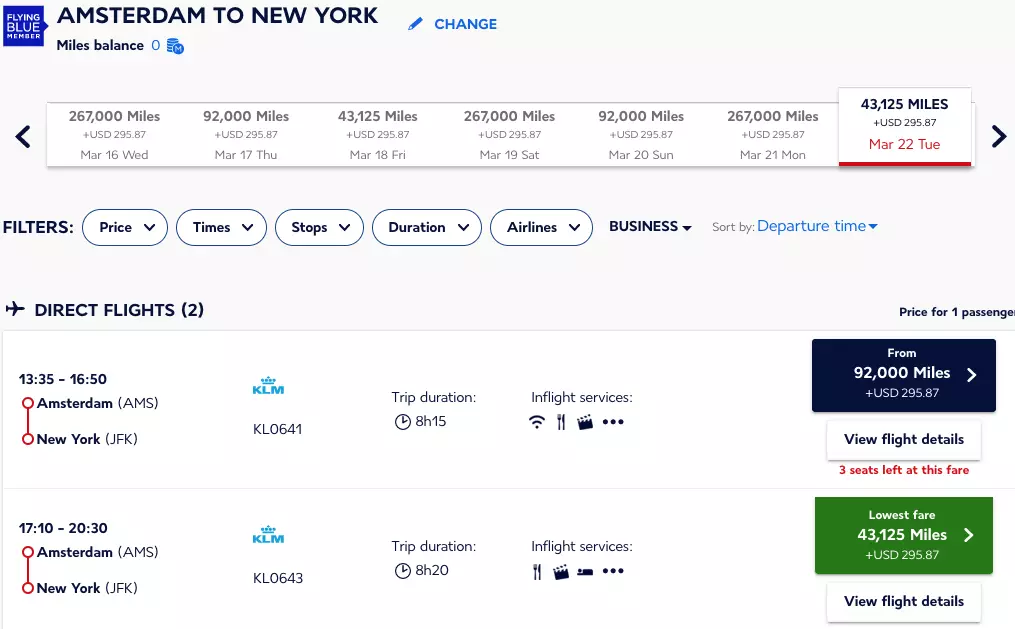 KLM پر AMS سے JFK کو فلائنگ بلیو ایوارڈ