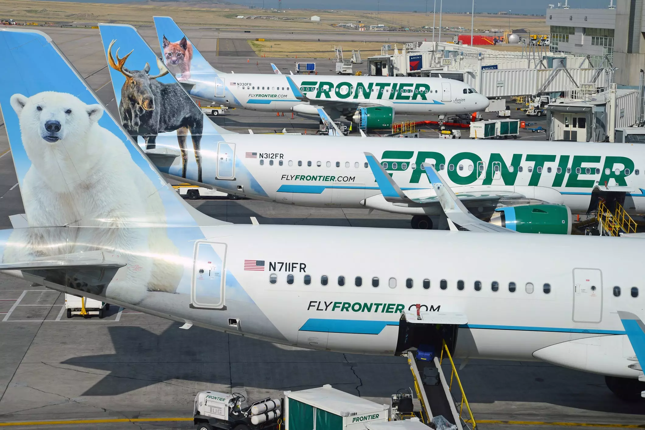 Frontier Airlines mei fleantugen by poarte, wylst karakterisearre as in lege kosten ferfierder, Frontier bliuwt útwreidzje mei nije rûtes yn 'e Feriene Steaten. (Foto troch robertcicchetti / Getty Images)