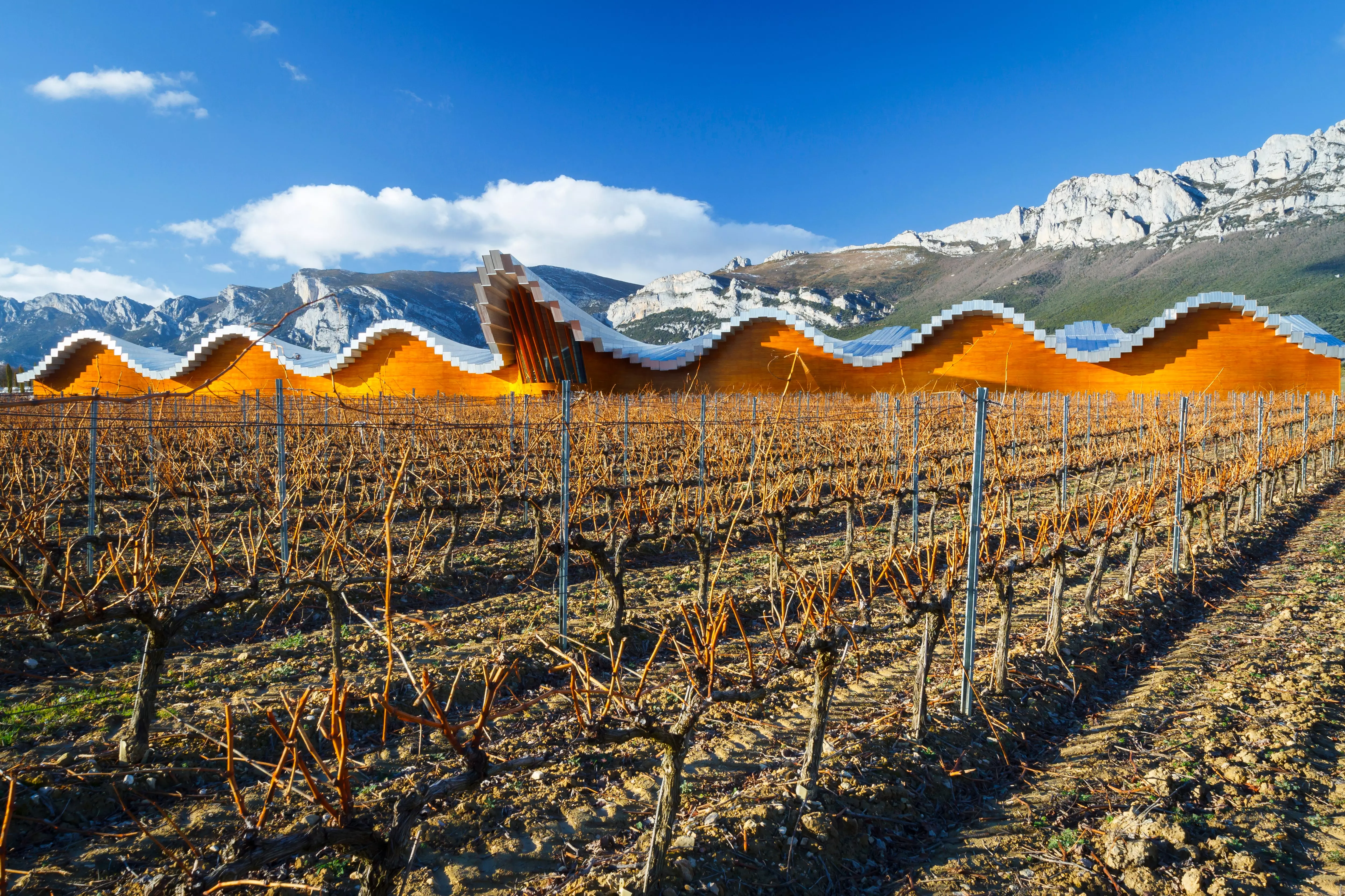 Ysios waini cellar. Laguardia. Rioja Alavesa. Alava, Orilẹ-ede Basque, Spain, Yuroopu. (Aworan nipasẹ: Mikel Bilbao/VW PICS/UIG nipasẹ Getty Images)