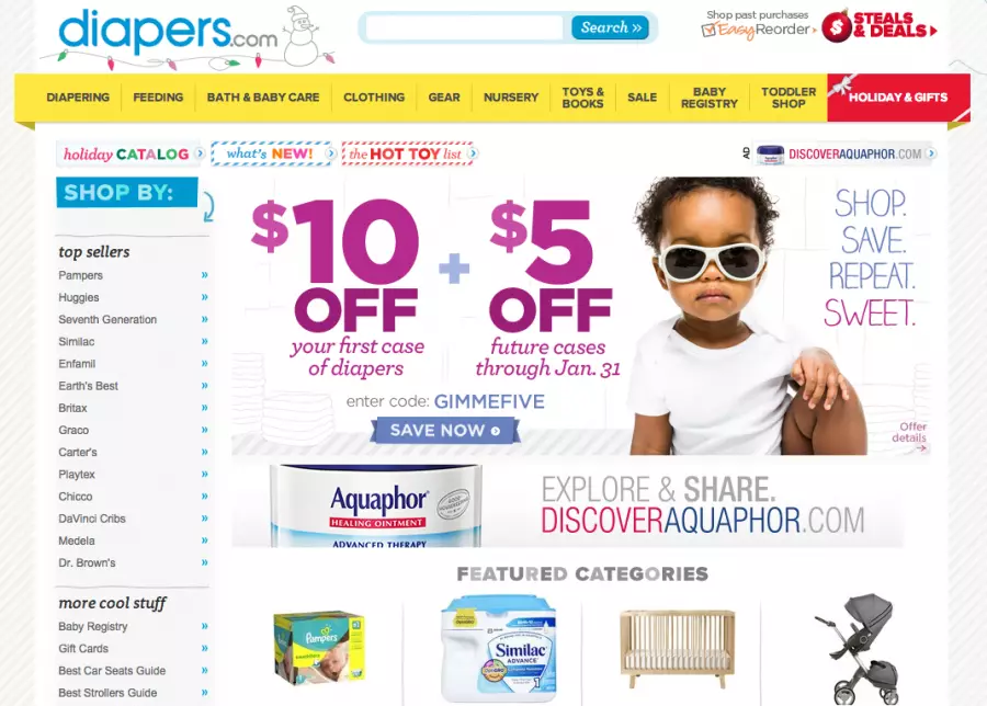 Diapers.com o se isi filifiliga, ma o loʻo i luga o le tele o faʻatauga i luga ole laiga.