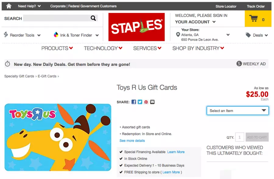 Jy kan 'n Toys R Us-geskenkbewys aanlyn deur Staples koop en 5 punte per dollar verdien met 'n Chase Ink-kaart.