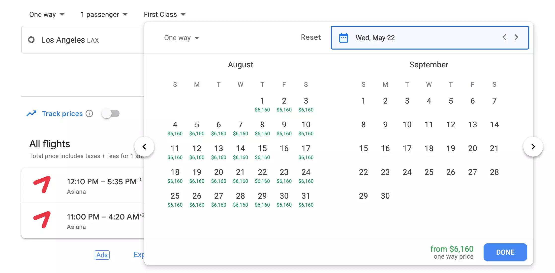 Loty Google pokazujące dostępność linii Asiana Airlines w klasie pierwszej z Los Angeles do Seulu