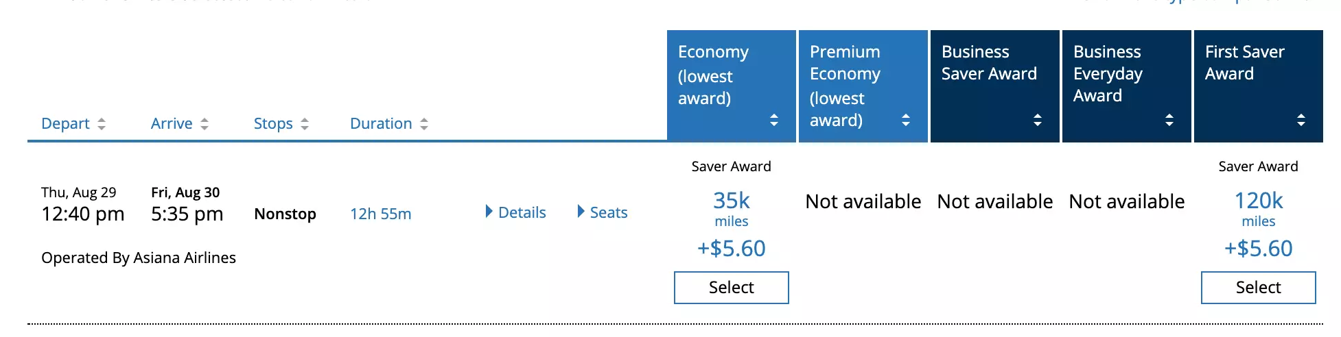 Авіякампанія Asiana Airlines First Class United Saver Award ад Лос-Анджэлеса да Сеула