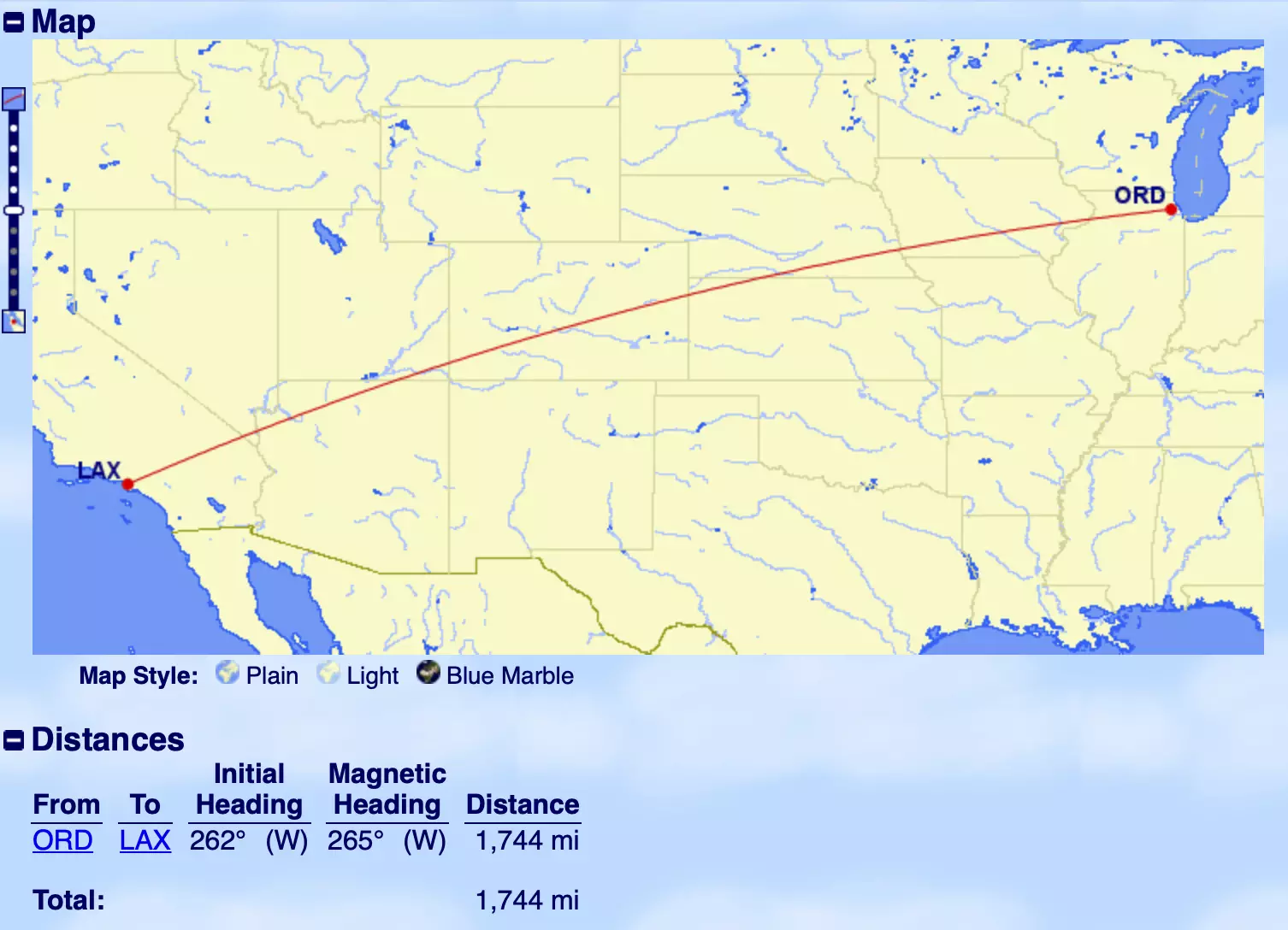 ORD papuntang LAX flight map