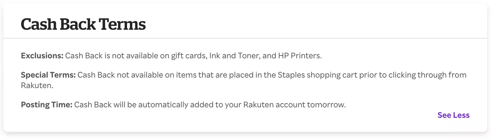 Staples nyiaj rov qab cov nqe lus ntawm Rakuten