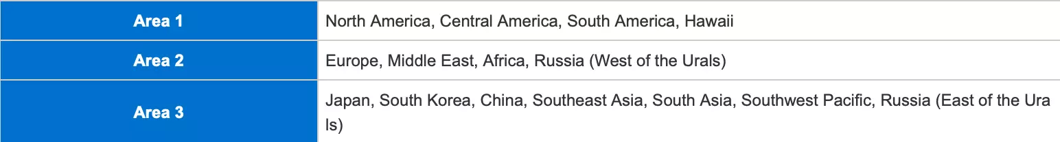 Lista de zonas alrededor del mundo de ANA