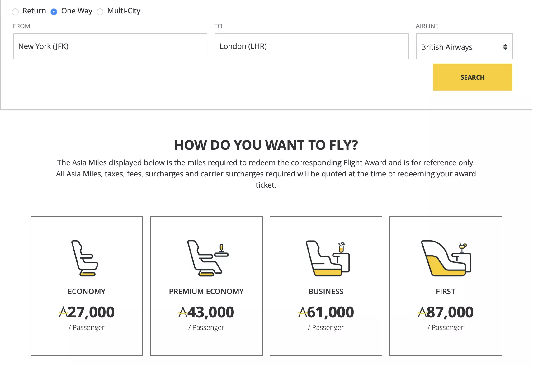 Cathay Pacific Partner Award Calculator