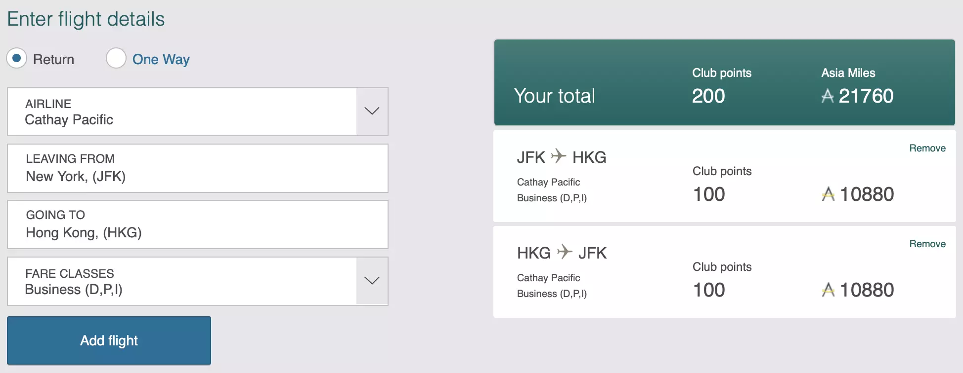 Calculadora de pontos Cathay Pacific Club