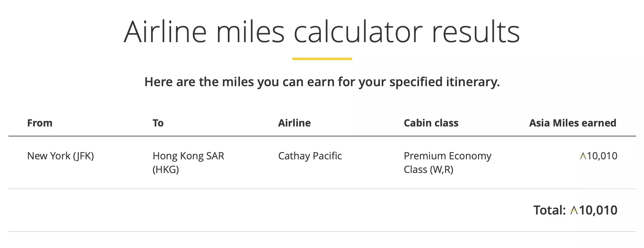 Ganhos de milhagem para JFK para HKG na Cathay Pacific W Fare Premium Economy